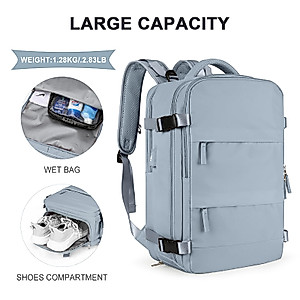 coowoz Large Travel Backpack For Women Men,Carry On Backpack Flight Approved,Hiking Backpack Waterproof Outdoor Rucksack Casual Daypack Fit 15.6 Inch Laptop Shoes Compartment (Gray Blue-L)
