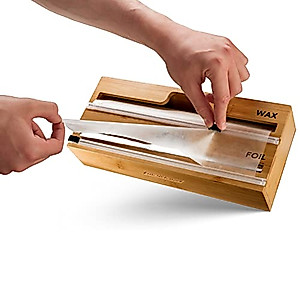 2 in 1 Wrap Dispenser with Cutter and Labels, Plastic Wrap, Aluminum Foil and Wax Paper Dispenser for Kitchen Drawer, Bamboo Roll Organizer Holder, Compatible with 12" Roll