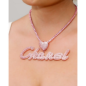 Iced Out Custom Name Necklace with Cuban Link Chain for Man Women, Hip Hop 14k Real Gold Plated Personalized Initial Letter Pendant Necklaces, Handmade Customized Nameplate Jewelry Gifts for Women Men (Heart Rose Gold/Pink)