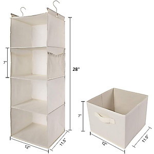 MAX Houser 4-Shelf Hanging Closet Organizer, Space Saver, Cloth Hanging Shelves with 2 Side Pockets, Foldable (Beige)