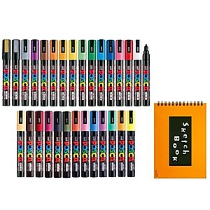 Posco Marker Sanetomo Posca Marker Acrylic Paint Pens Fine Point Tip width 1.8-2.5mm 29 colors PC-5M, For Rock Painting, Fabric, Glass Paint, Metal Paint Including Notebook