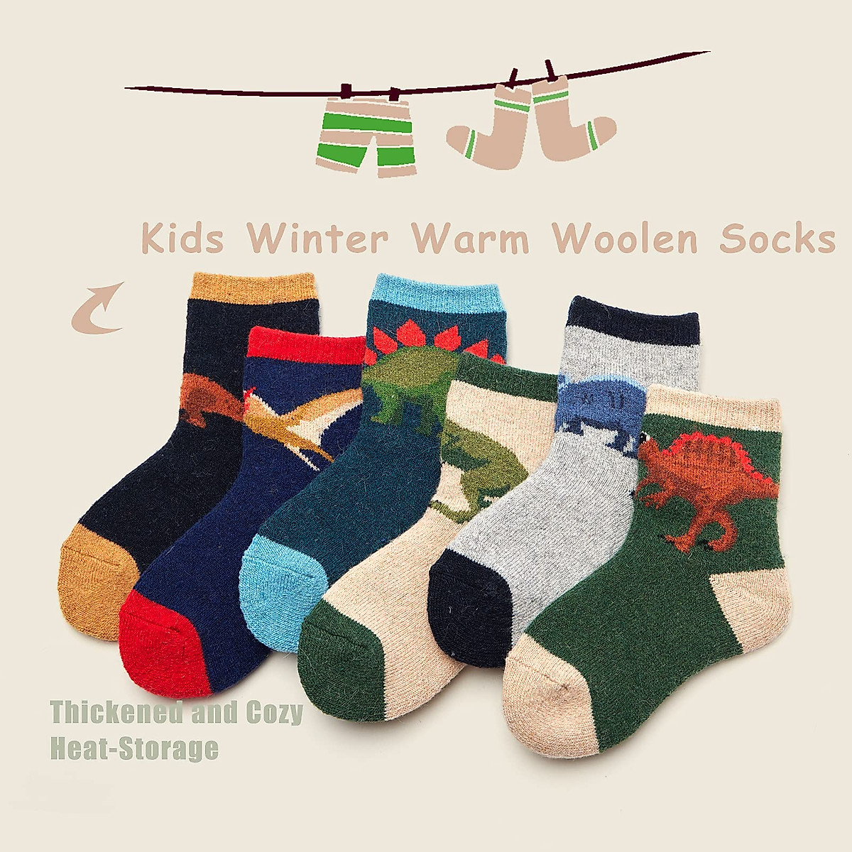 Boys Wool Socks Kids Thick Winter Socks Thermal Crew Socks for Boys 6 Pairs Dinosaurs Size 6-8 Years