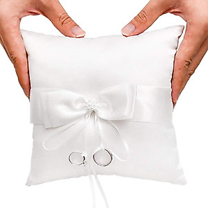 Little World Ring Pillow Pearls, Decor Bridal Wedding Ivory Ring Bearer Pillow, 7.8 Inch x 7.8 Inch (White)