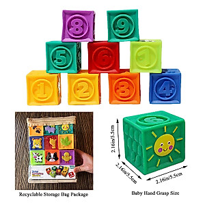 Kingtree Baby Blocks, 9PCS Soft Squeeze Building Blocks Stacking Toys for 6+ Months Babies, Baby Teething Chewing Educational Blocks Set with Numbers Animals Shapes Textures