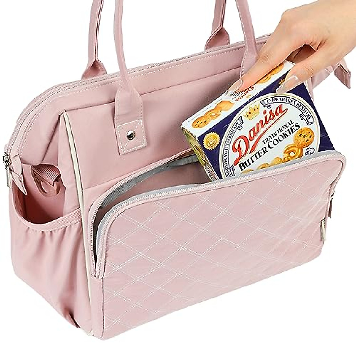 FINDCOZY Insulated Lunch Bag for Women, Cute Lunch Box, Reusable Cooler Bag with Removable Shoulder Strap and Side pockets for Work or Picnic, Pink