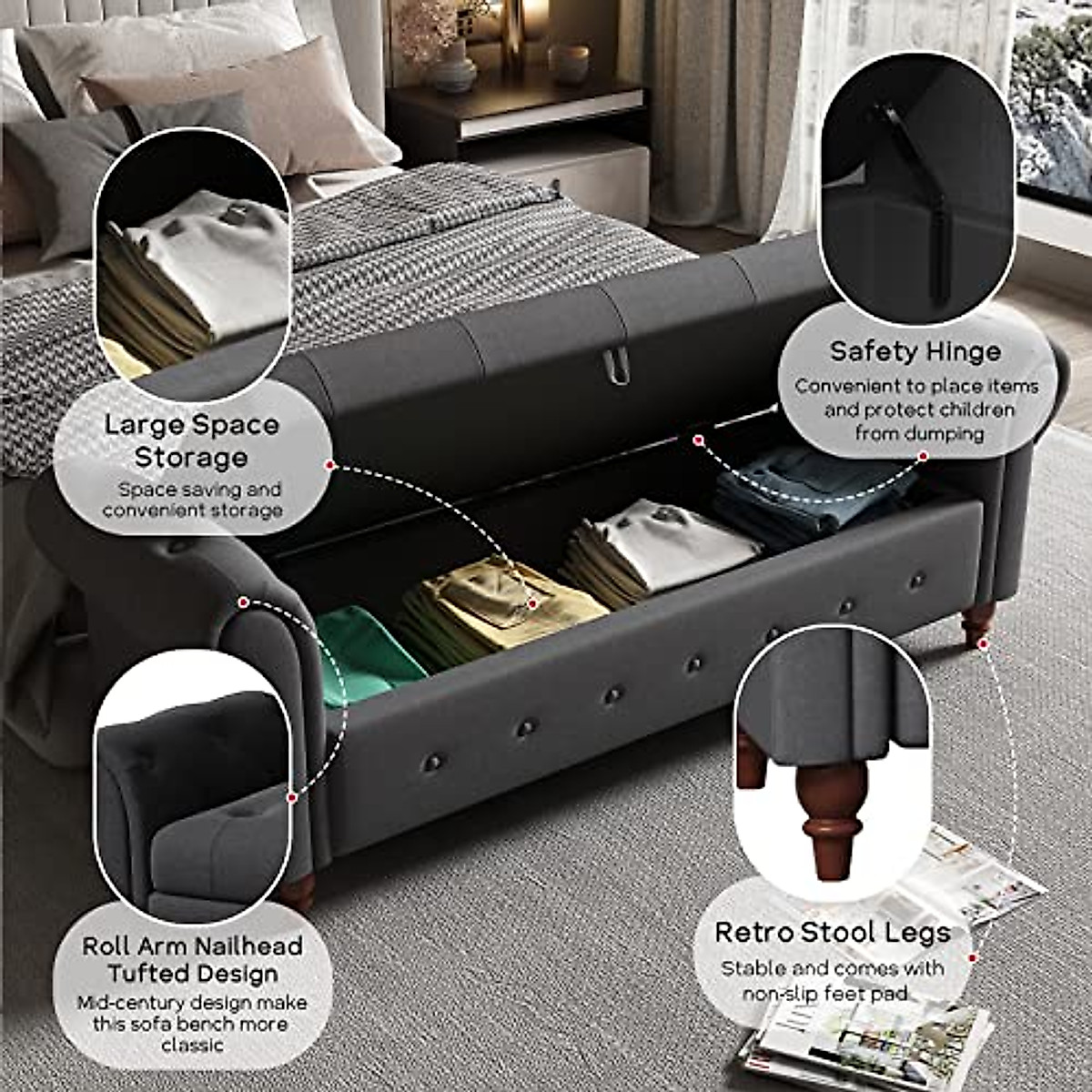 NIOIIKIT 63'' Storage Ottoman Bench, End of Bed Button Tufted Ottoman Bench, Rolled Armed Ottoman Couch Long Bench for Bedroom, Living Room, End of Bed, Hallway(Grey, Polyster)