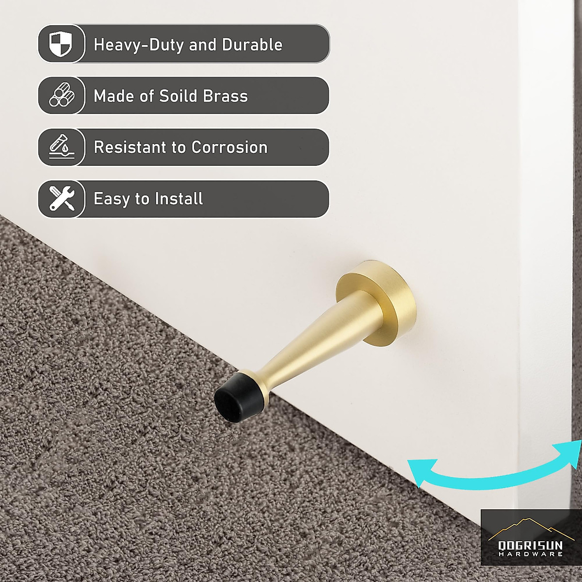 QOGRISUN's Heavy Duty Solid Brass Door Stops,3-1/4-inch Total Length of Decorative Door Stopper Wall Protector with Rubber Bumper Tip - Brushed Brass (4-Pack)