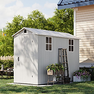 Patiowell 4' x 8' Outdoor Storage Shed with Floor, Plastic Shed Outside Resin Tool Shed with Two Windows and Lockable Door for Backyard Garden Patio Lawn, Light Grey (Fit-it Shed)