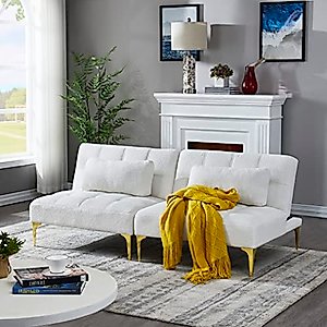 Convertible Couch Bed Futon with Gold Metal Legs, Modern Multi-Functional Convertible Sofa Bed, Teddy Fabric, Small Sectional Sofa, Perfect for Living Room, Bedroom, Office, Apartment (White)