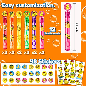 60PCS Duck Party Favors 12PCS DIY Bubble Wands 48PCS Stickers for Goodie Bag Fillers Pinata Stuffers, Mini Bubble Bulk Birthday Party Supplies Gifts Class Prizes for Toddlers Boys Girls