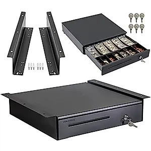 Cash Register Drawer with Under Counter Mounting Metal Bracket - 16” Black Cash Drawer for POS, 5 Bill 6 Coin Cash Tray, Removable Coin Compartment, 24V RJ11/RJ12 Key-Lock, Media Slot - For Businesses
