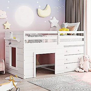 Harper & Bright Designs Low Loft Bed with Storage Drawers, Wood Twin Size Loft Bed with Cabinet, Shelf, Ladder, Safety Rail for Girls, Boys, Teen （White