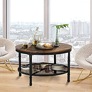 STHOUYN Small Round Coffee Table with Storage, Rustic Center Table for Living Room, Wood Surface Top & Metal Legs & Open 2-Tier Shelf, Save Space, Brown
