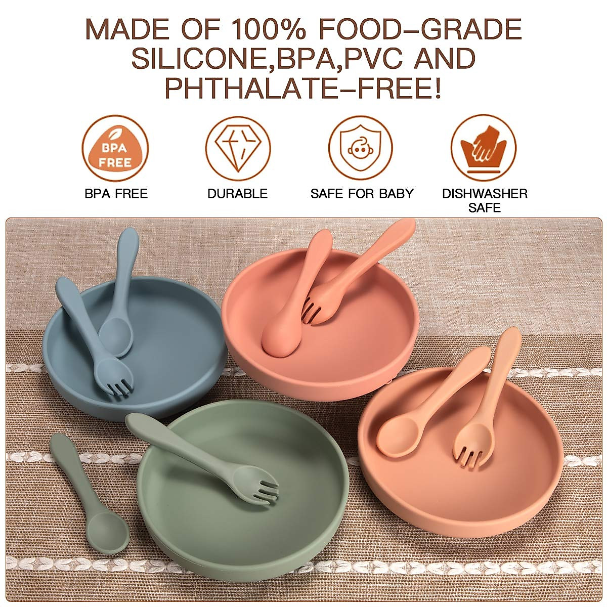 TOPGOMES Silicone Suction Plate, Comes with Soft Spoon Fork | Stay Put Baby Feeding Dishes for Kids and Infants | BPA Free, 100% Food-Grade Silicone, Non-Slip Design (Ether)