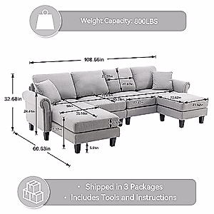 Olela U Shaped Modular Sectional Sofa for Living Room, Oversized Deep Seat Sofa Modern Linen Upholstered Sectional Couch with Chaise Lounge and Comfy Backrest (Light Gray)