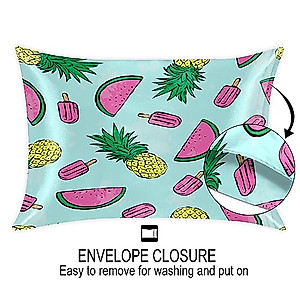 Pineapple Watermelon Popsicle Satin Pillow Cases Silk Satin Pillowcase for Hair and Skin Standard Set of 2 Super Soft Silk Pillowcase with Envelope Closure (20x26 in)