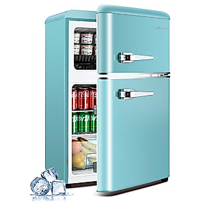Anypro 3.2 Cu.Ft Compact Refrigerator, Mini Fridge with Freezer, Retro Double Door Small Fridge, 7 AdjustableTemperature Settings, Removable Shelves, Small Refrigerator for Dorm, Office, Bedroom, Blue