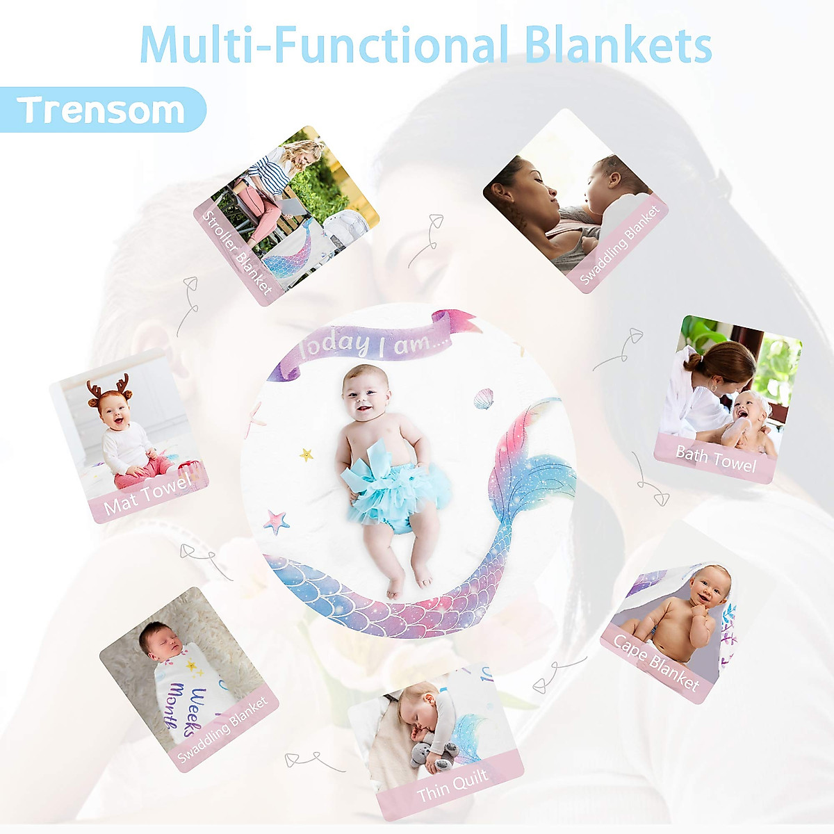 TRENSOM Little Mermaid Blanket Baby Monthly Milestone Blanket Girl Personalized Fleece Months Blakets Newborn Shower Nursery Decor with One Bib & Hedbd Two Frames,Large 59”x40”