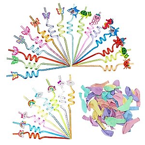 24-Pk Crazy Straws For Kids Reusable+50 Pcs Balloons， Silly Straws For Kids Curly Straws For Kids Reusable Sea Butterfly Rainbow Party Favor For Adults Kids， Various Styles Twisty Straws Fun Straws
