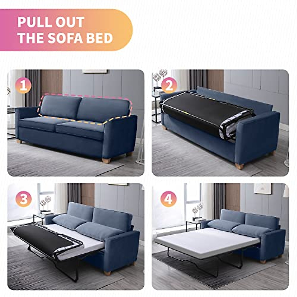 Mixoy Full Size Pull Out Sofa Bed, Velvet Sofa with Pull Out Bed, Sleeper Sofa with Foam Mattress, 2-in-1 Sleeper Couch Bed for Living Room, Apartment, Small Spaces (Blue)