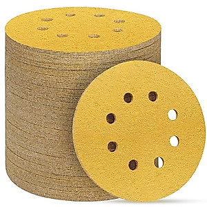 POTUINOM 100PCS 5 Inch 8 Hole Sanding Discs 80 Grit,Gold Round Hook and Loop Sandpaper for Random Orbital Sander