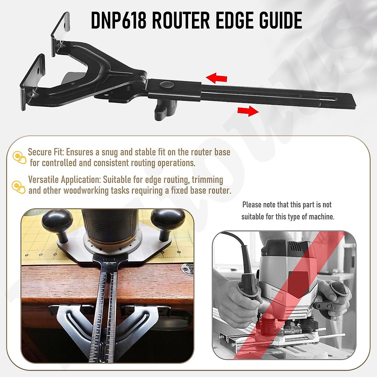 DNP618 Edge Guide for Fixed Base Compact Router, Compatible With DEWALT DWP611 Router, PORTER-CABLE 450 & 451-Adjustable for Quick Attachment To Router Mounting Base, Fits Router DCW600B, DW6913. etc