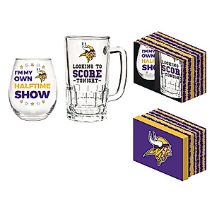 Team Sports America NFL Minnesota Vikings, Stemless 17 OZ Wine Glass & Beer Mug 16 OZ Gift Set with Box | Keeps Drinks Cold | Officially Licensed