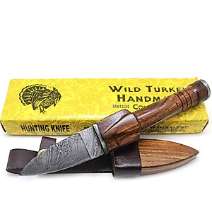 Wild Turkey Handmade Damascus Collection Sgian Dubh Durable Fixed Blade Hunting Knife - Genuine Leather Sheath Included (1171)