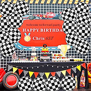 Prasacco 10Pcs Racing Car Balloon Checkerboard Mylar Balloon Foil Balloons with Ribbon and Straw Black White Checkered Helium Balloon for Boy Adult 18inch