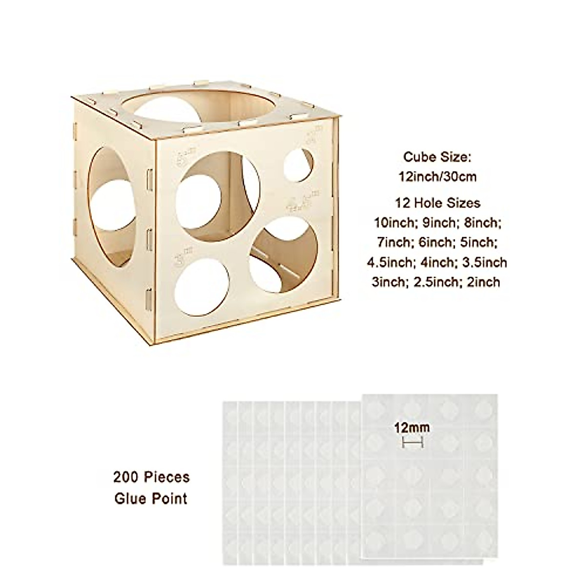 Auihiay 12 Holes Wood Balloon Sizer Cube Box with 200 PCS Balloon Glue Points, Collapsible Balloon Size Measuring Tool for Balloon Garland Balloon Columns Balloon Arches Decorations (2-10 INCH)