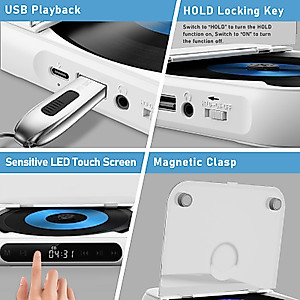 MICOCIOUS Portable CD Player, Personal CD Players with Bluetooth for Car & Travel, Rechargeable Small CD Player with Headphones, LCD Touch Screen & Anti-Skip/Shockproof