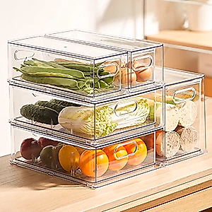 Mano 3Pack Fridge Drawer Pull Out Stackable Bins with Handle Clear Refrigerator Drawers Organizer Food Storage Container Box with Dividers Plastic Produce Saver for Pantry, Cabinet, Kitchen（2S+L）