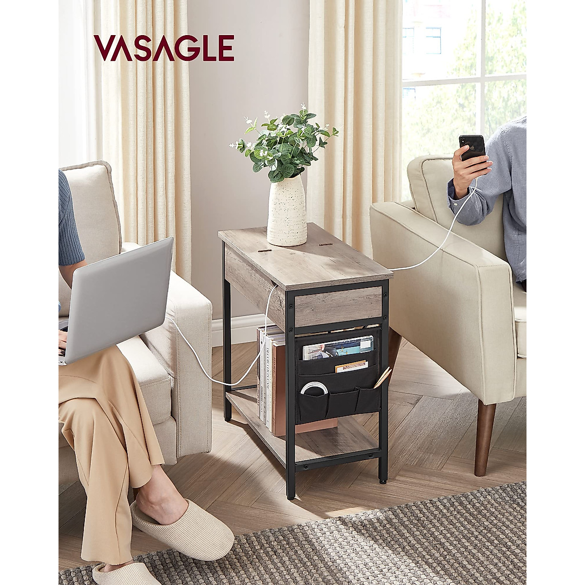 VASAGLE Side Table with Storage, End Table with USB Ports and Outlets, Nightstand with Charging Station, Fabric Bags, for Living Room, Bedroom, Greige and Black ULET310B02, 23.6 x 12.4 x 23.6 Inches