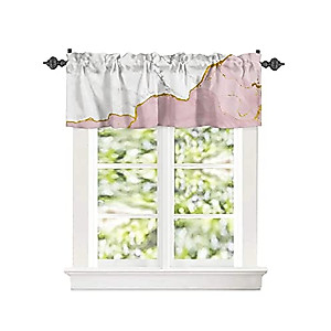 ZFUNCING Kitchen Cafe Valance Curtain for Small Windows,Natural White and Pink Wild Marble Rod Pocket Short Blackout Curtains,Gold Line Stone Texture Window Treatment for Living Room Bedroom Bathroom