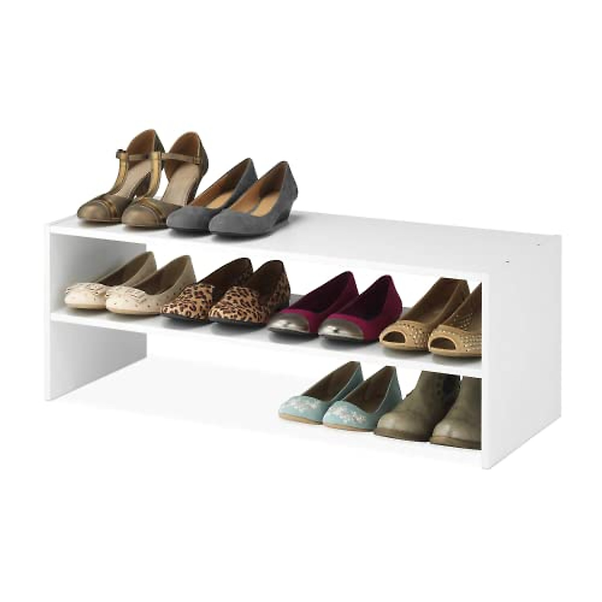 Wood Stackable 2-Shelf Shoe Rack, 31-Inch Wide Horizontal Organizer, Ideal for Hallway, Closet, Bedroom, Entryway, Dorm Room, White