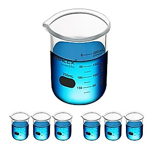 Maccx 8.5oz(250ml) Sturdy Glass Beaker, Heavy-Duty Lab Beaker Set, 3.3 Borosilicate Griffin Low Form with Printed Graduation, Pack of 6, BKL250-006