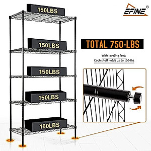 EFINE 2-Pack 5-Shelf Shelving Unit, Adjustable, Heavy Duty Carbon Steel Wire Shelves, 150lbs Loading Capacity Per Shelf, Units and Storage for Kitchen Garage (30W x 14D 60H) Black, S200-5X2