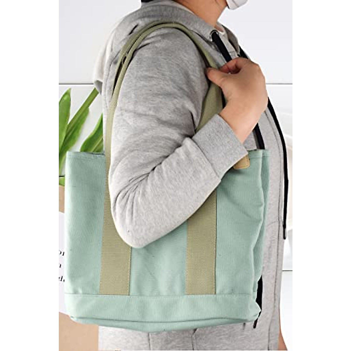 Green Canvas Tote Bag Casual Multi pockets Handbags Large Capacity Shopping Shoulder Bag with Pocket Bags Work Purses Travel Satchel