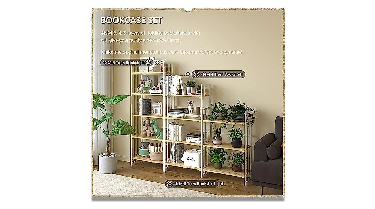 4NM No-Assembly 5 Tiers Folding Bookshelf Storage Shelves Vintage ...