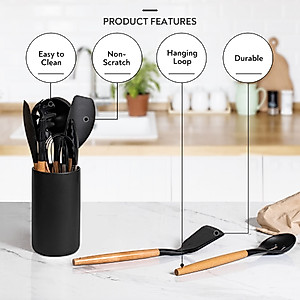 Lanzo Design Kitchen Utensil Set, 13 pcs Non-Stick Silicone Cooking Utensils Spatula Set with Ceramic Holder (Black Holder)