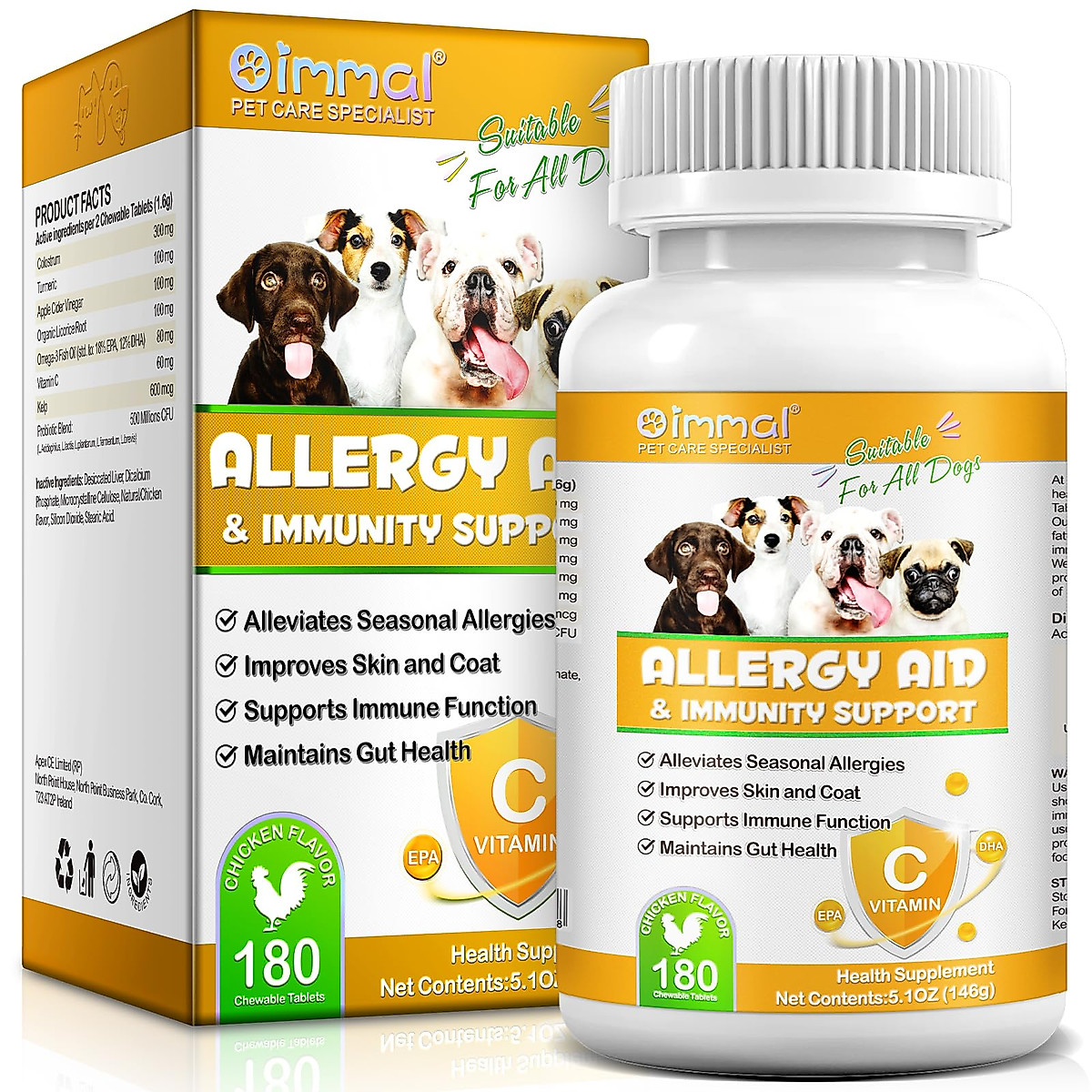 Allergy Support for Dogs, 180PC Allergy Aid Chewable Tablets for Seasonal Allergy, Supports Immune Function, Dry & Itchy Skin Relief, Dog Supplement Vitamins Tablets - 180 Tablets/Chicken Flavor