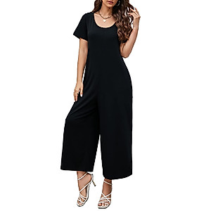 Qnasey Women's Summer Short Sleeve Loose Crewneck Jumpsuit Rompers Wide Long Pant Loungewear with Pockets Samll Black