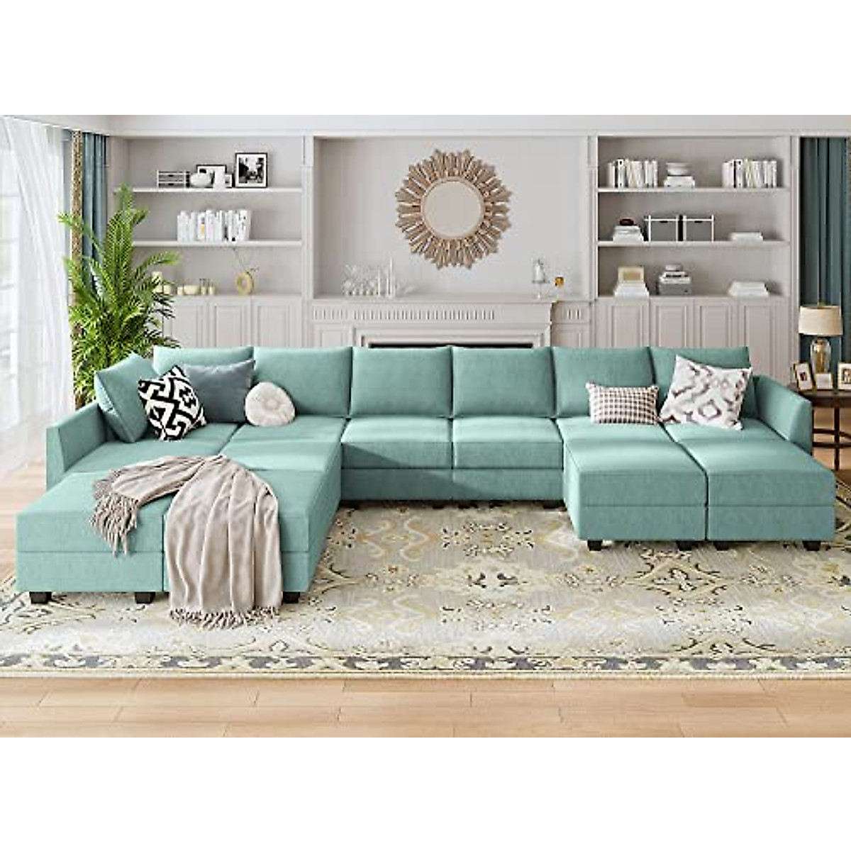 HONBAY Modular Sofa Couch with Storage Seats U Shaped Modular Sectional Sofa with Reversible Chiase Oversized Modular Sofa Sleeper Set with Ottomans, Aqua Blue