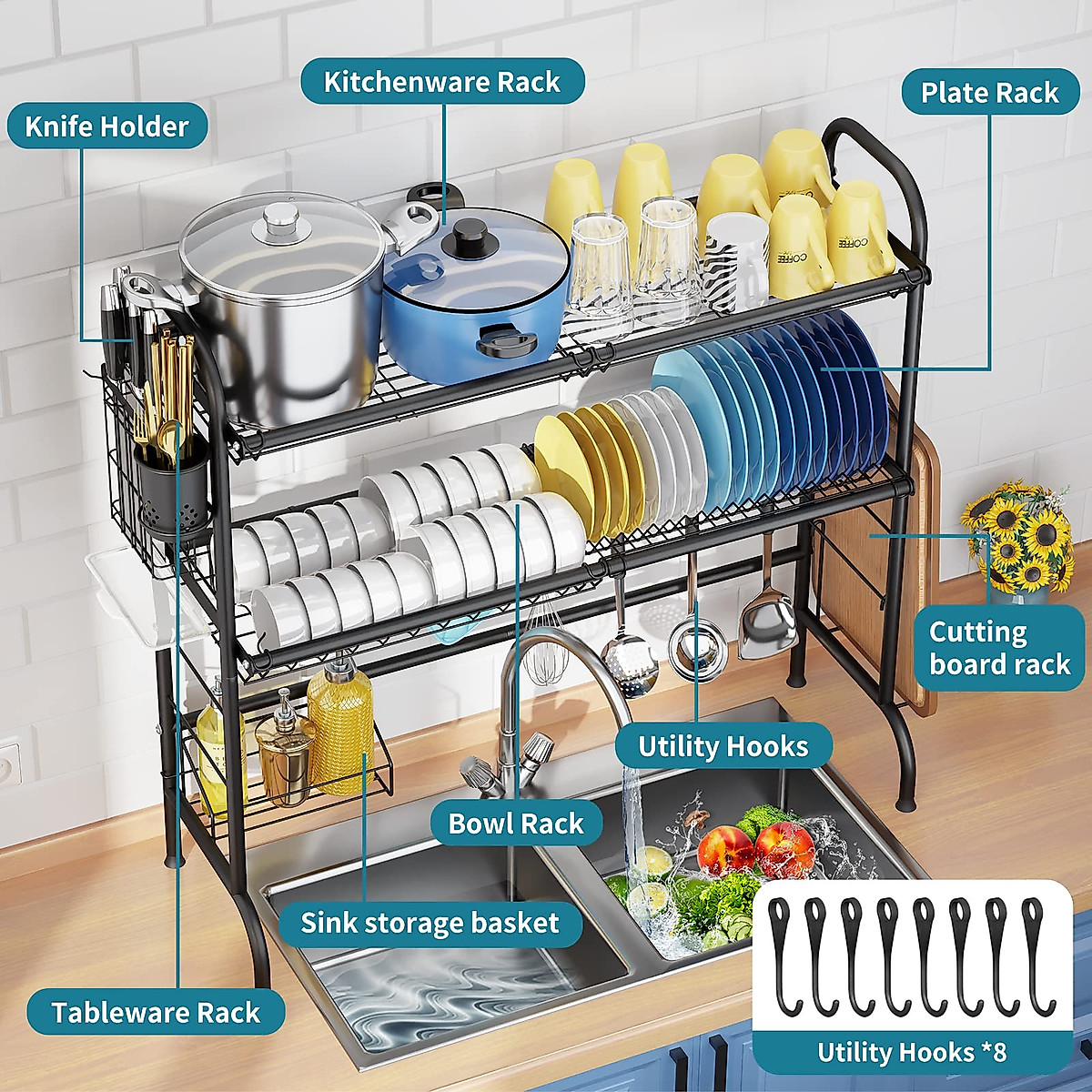 HOWDIA Over The Sink Dish Drying Rack, 2-Tier Stainless Steel Large Over The Sink Dish Rack with Utensil Holder Dish Drainers for Kitchen Counter