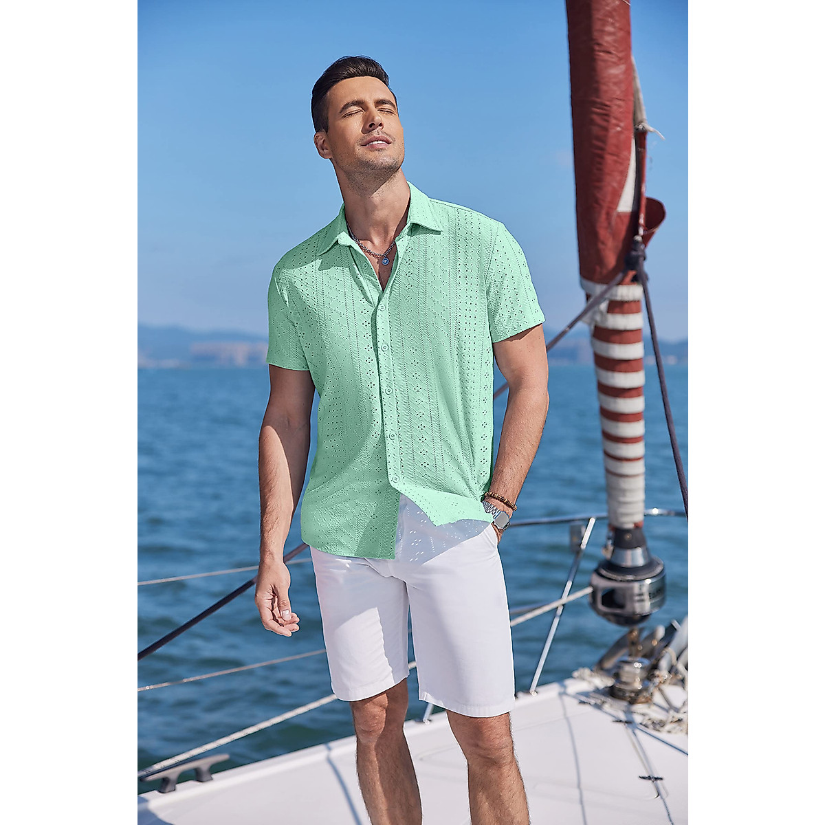 COOFANDY Mens Button Down Beach Shirt Short Sleeve Casual Vacation Shirts Summer Tropical Shirts Tops Mint Green