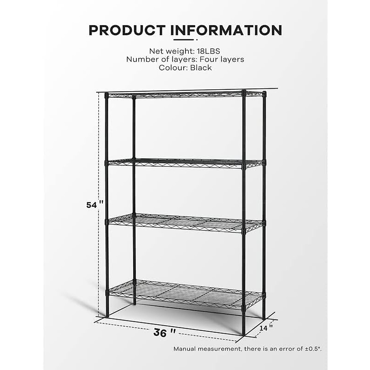 4-Tier Storage Shelves Adjustable,Wire Shelving Heavy Duty Storage Rack(250 Lbs Loading Capacity/Shelf) Metal Shelf Organizer Wire Rack Shelf for Pantry Garage Kitchen 36" D x14 W x 54" H -Black