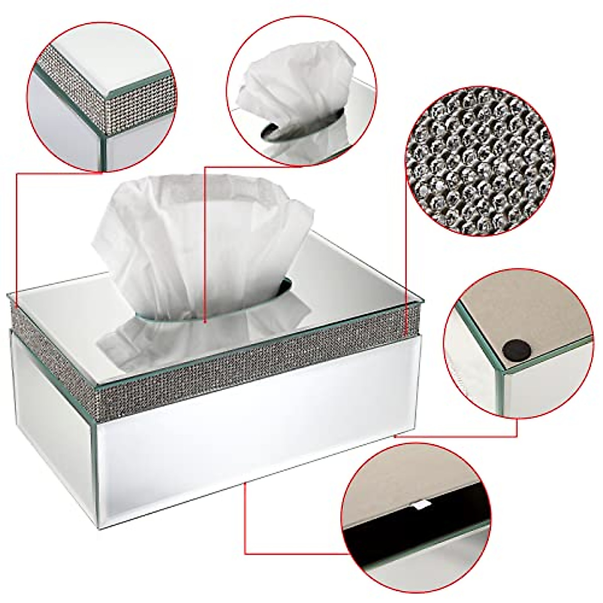 Sumnacon Crystal Tissue Box Cover - Decorative Glass Tissue Box Holder, Sparkling Facial Tissue Holder for Bathroom Living Room Dresser Night Stand Desk Table Office Home Decor (9.9 x 5.6 Inch/Rectangular, Silver)