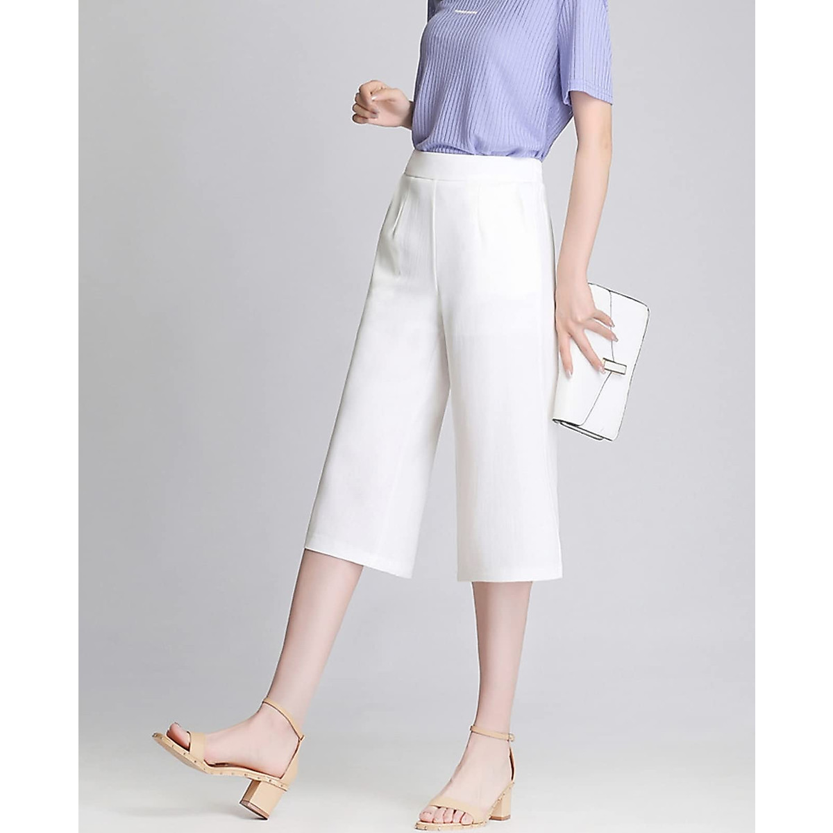 ZENTHACE Womens Capri Yoga Pants Elastic High Waist Wide Leg Workout Loose Summer Pull On Capris Pants with Pockets White M