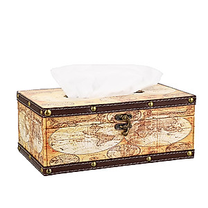 Sumnacon Tissue Box Cover Rectangle Wooden Tissue Box with Lid, Vintage Tissue Box Holder with Retro Pattern, Rustic Tissue Cover for Bathroom Toilet Living Room Table Desk Office Decor, Yellow Map