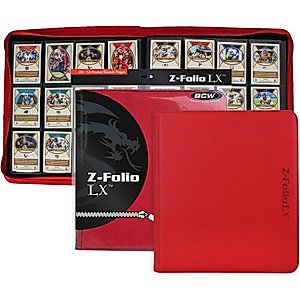 BCW Z-Folio LX Zipper Portfolio - Premium Red Leatherette 12-Pocket Playset Album - Secure Zipper - 480 Card Capacity - Card Collector's Dream - Card Organizer - Trading Card Storage